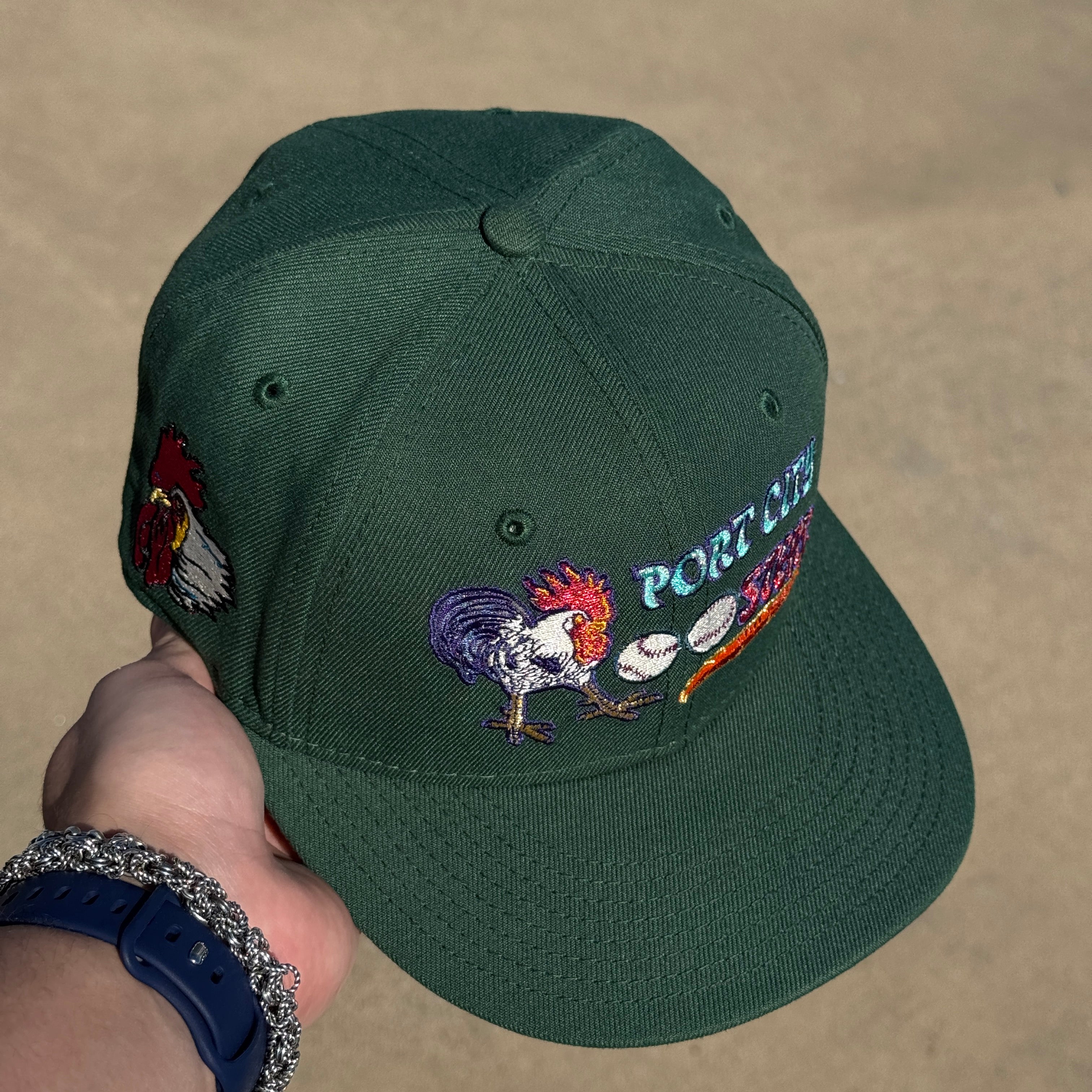 USED 1/8 Green Port City Roosters 59fifty New Era Fitted Hat Cap Minor ...